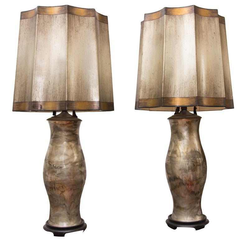 Pair of Mid-Century Modern Silver Gilt Table Lamps Hand-Painted Shades ...
