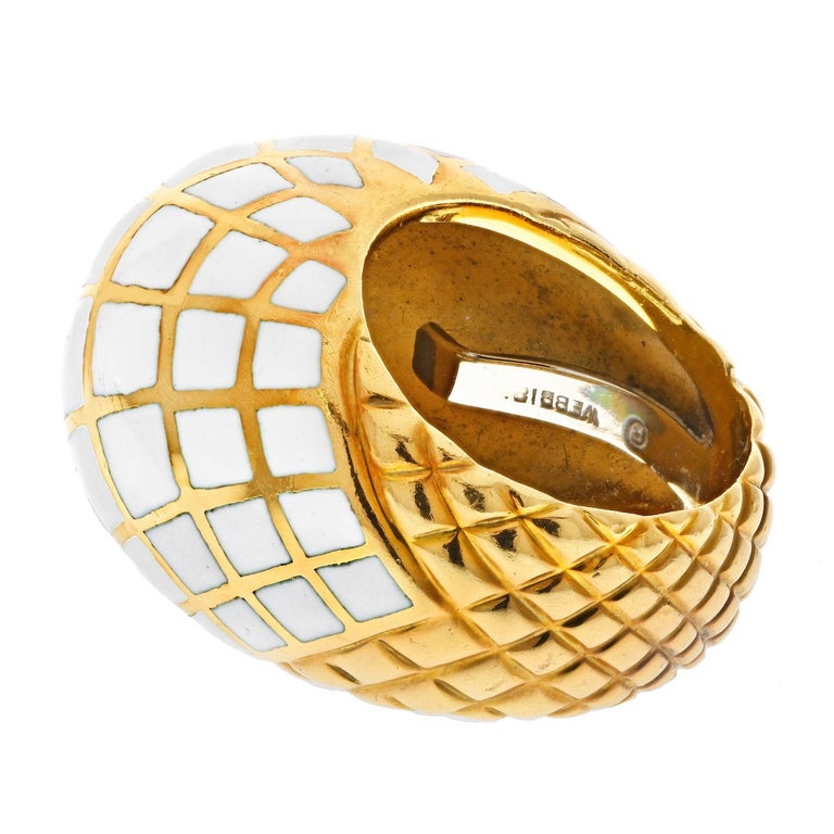 David Webb Platinum and 18k Gold White Enamel Checkerboard Pattern Bombe Ring For Sale at 1stDibs