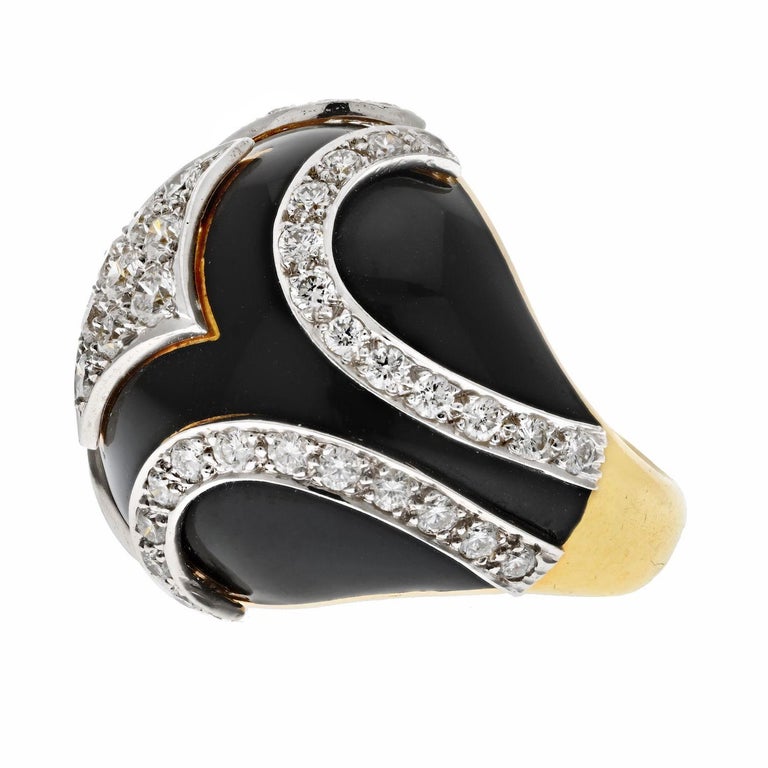 David Webb Platinum and 18K Yellow Gold Black Enamel Diamond Bombe Ring ...