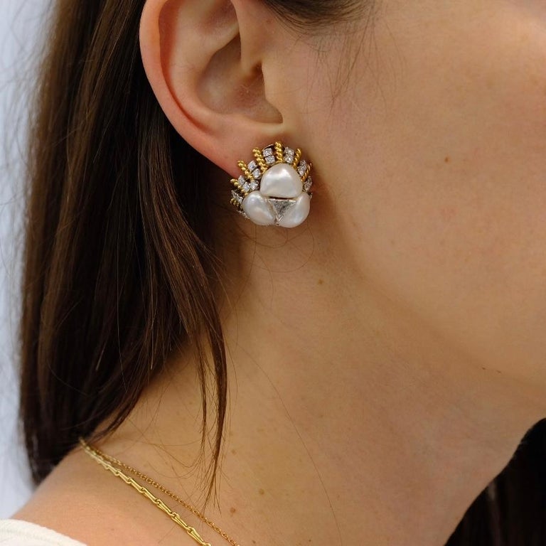 David Webb Platinum and 18K Yellow Gold Diamond, Pearl, Dome Style Clip ...