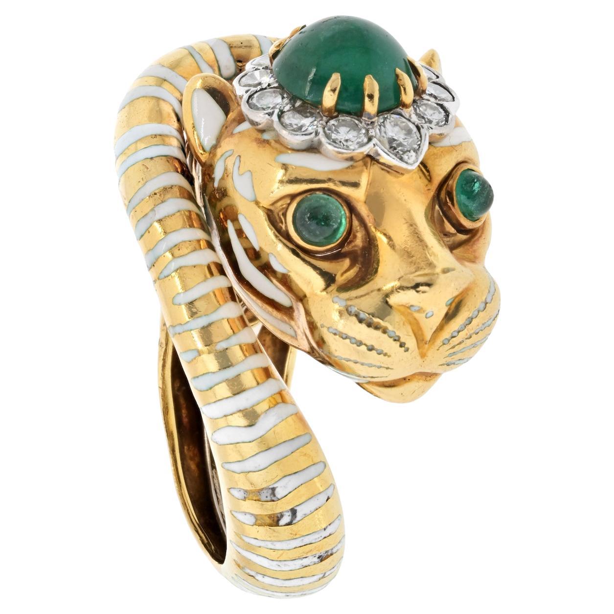 David Webb Platinum and 18K Yellow Gold Green Emerald White Enamel ...