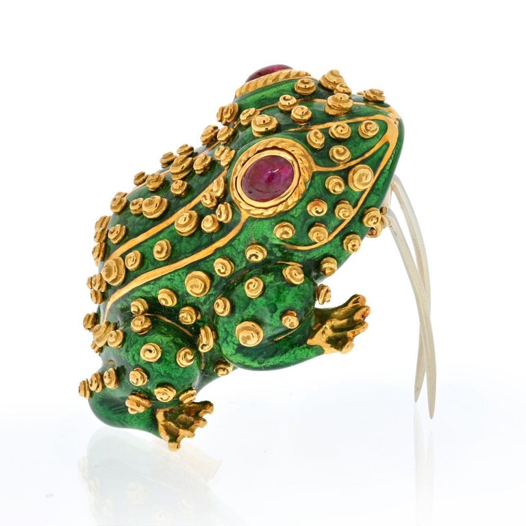 David Webb Platinum and 18K Yellow Gold Green Enamel Ruby Eyes Frog ...