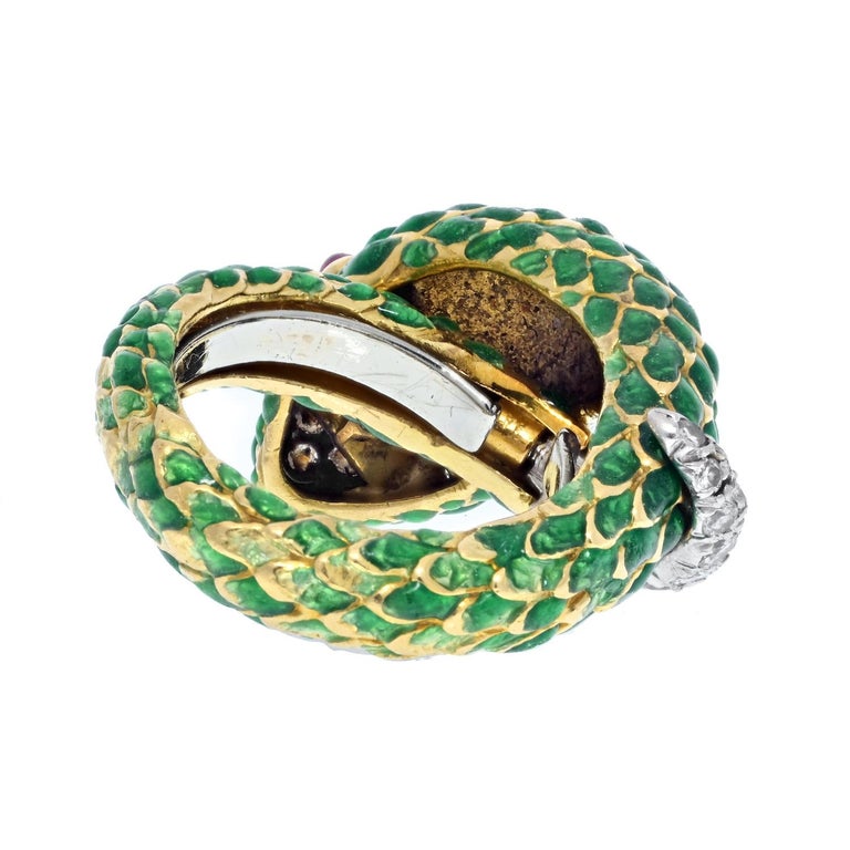 David Webb Platinum and 18K Yellow Gold Green Enamel Ruby Eyes Serpent ...