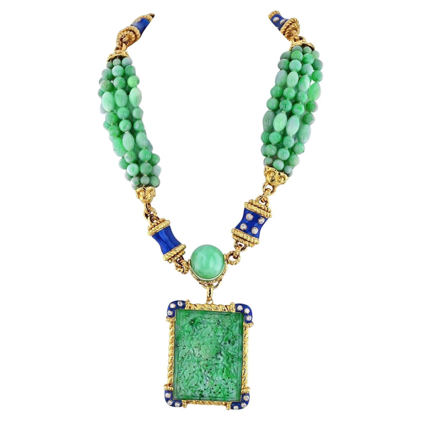 David Webb Jade, Diamond and Enamel Necklace For Sale at 1stDibs