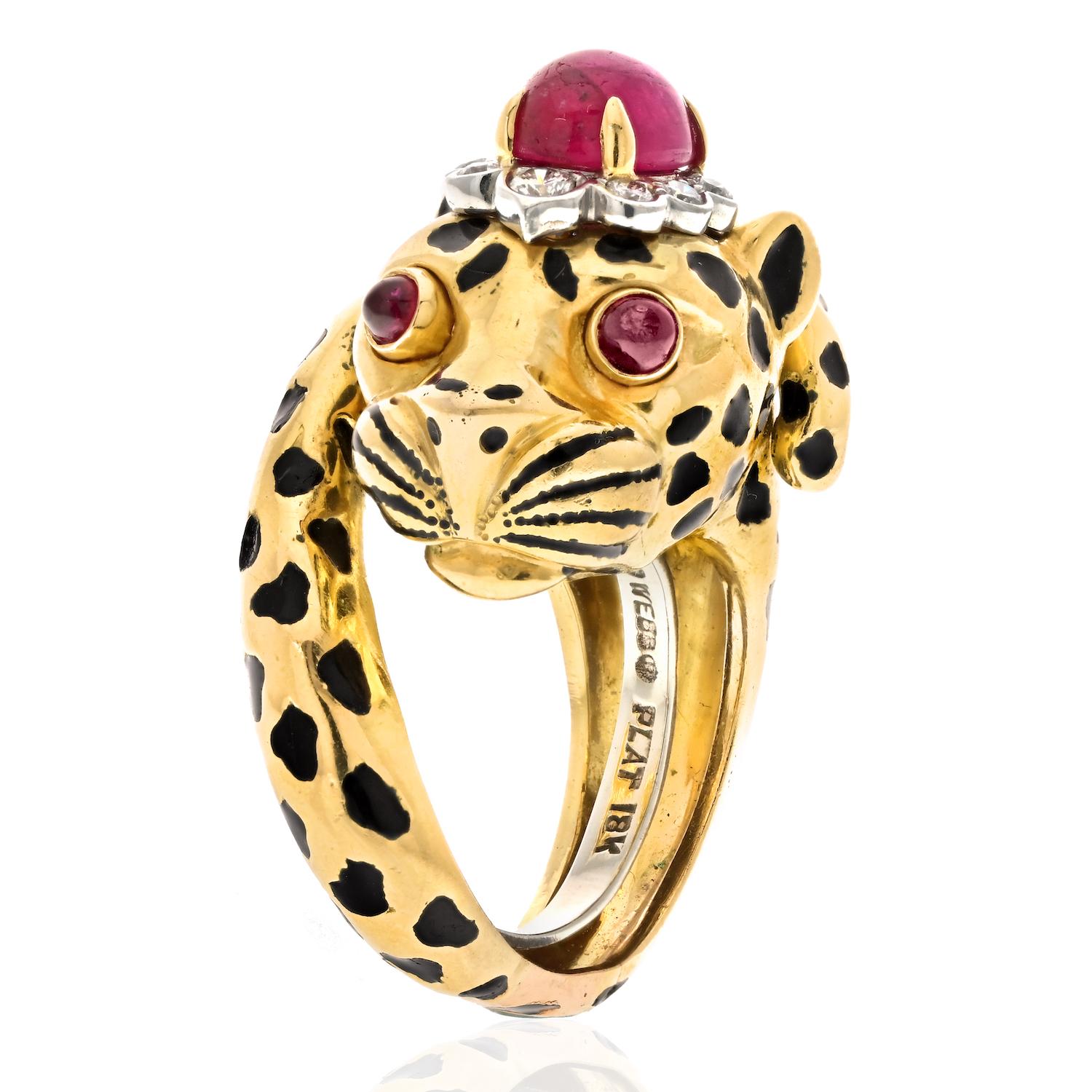 David Webb Platinum and 18k Yellow Gold Leopard Cabochon Ruby Ring For ...