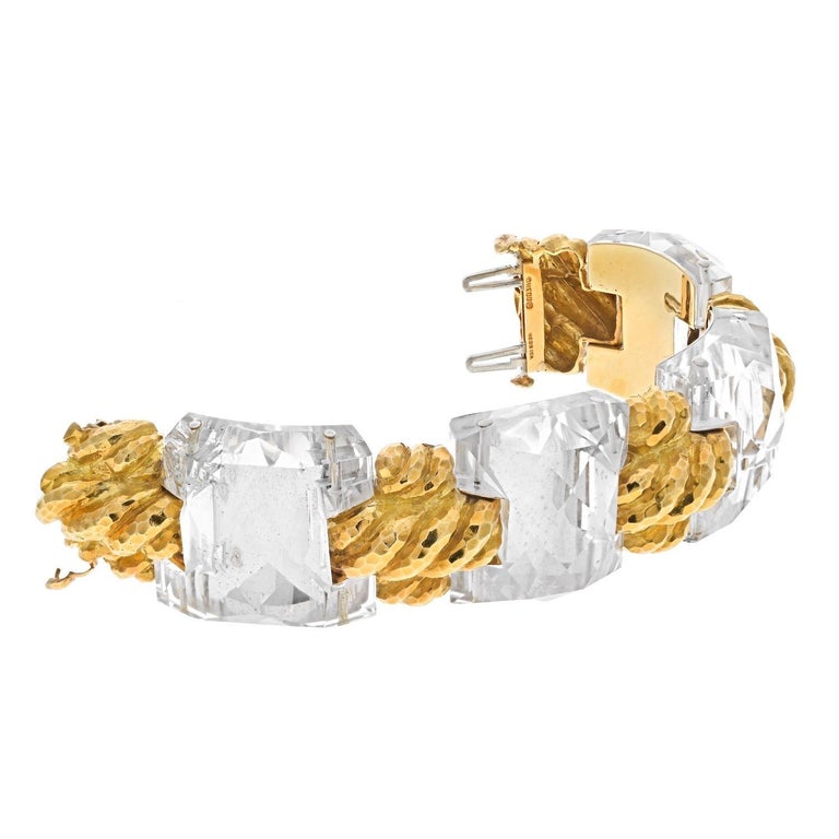 David Webb Platinum and 18k Yellow Gold Rock Crystal Wide Bracelet For ...
