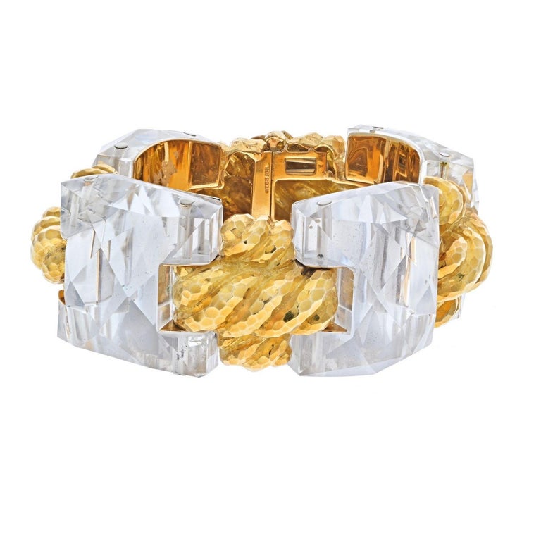 David Webb Platinum and 18k Yellow Gold Rock Crystal Wide Bracelet For ...