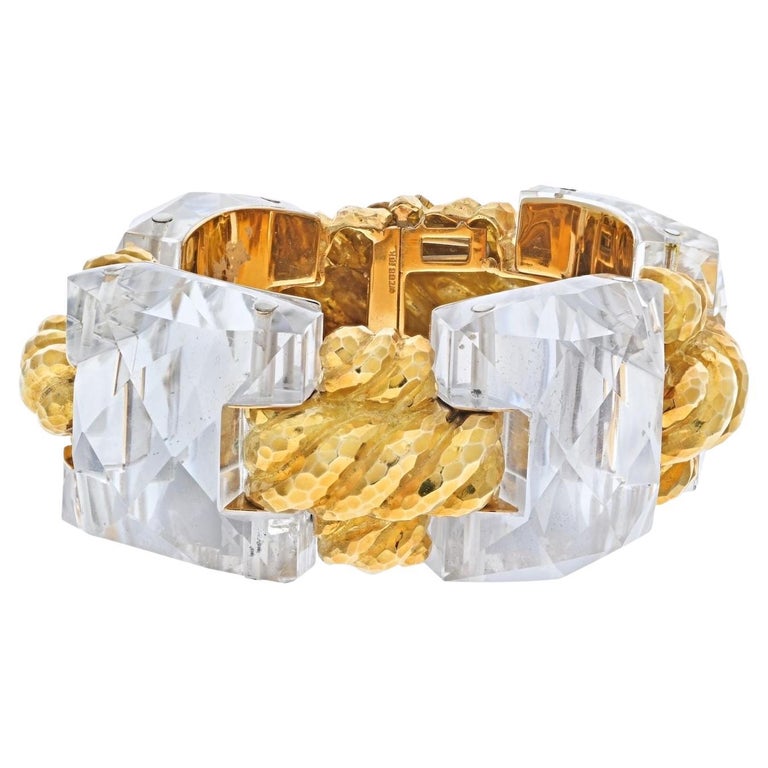 David Webb Platinum and 18k Yellow Gold Rock Crystal Wide Bracelet For Sale at 1stDibs