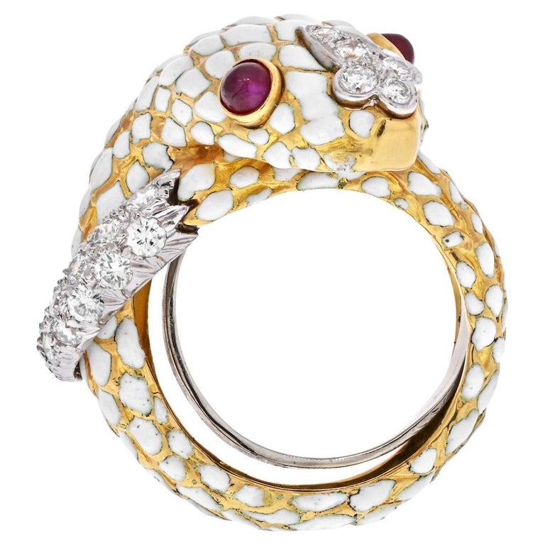 David Webb Platinum and 18K Yellow Gold White Enamel Coiled Snake Ring ...