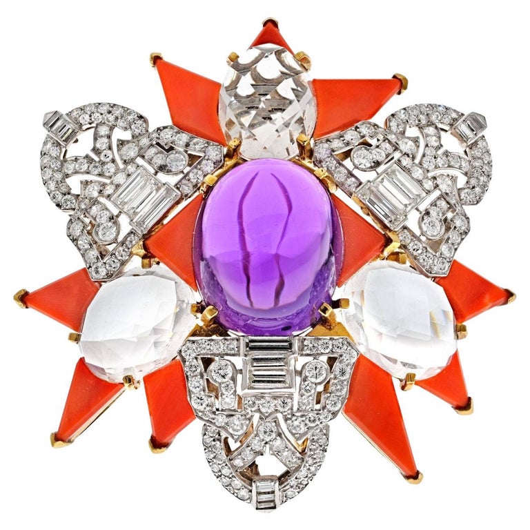 David Webb Platinum and Yellow Gold Amethyst, Coral and Rock Crystal ...