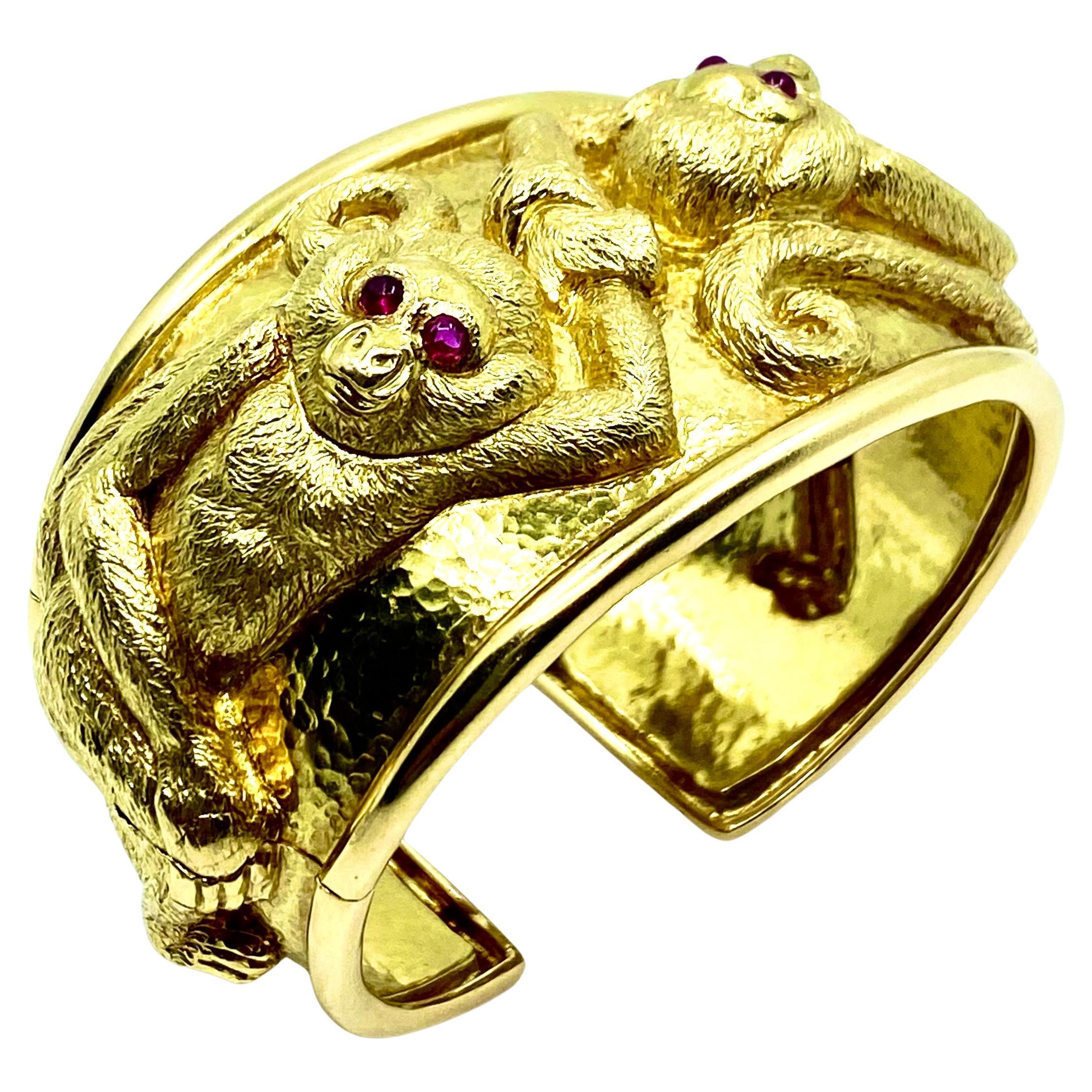 David Webb Repoussé Monkey Cuff 18k Gold Ruby For Sale at 1stDibs