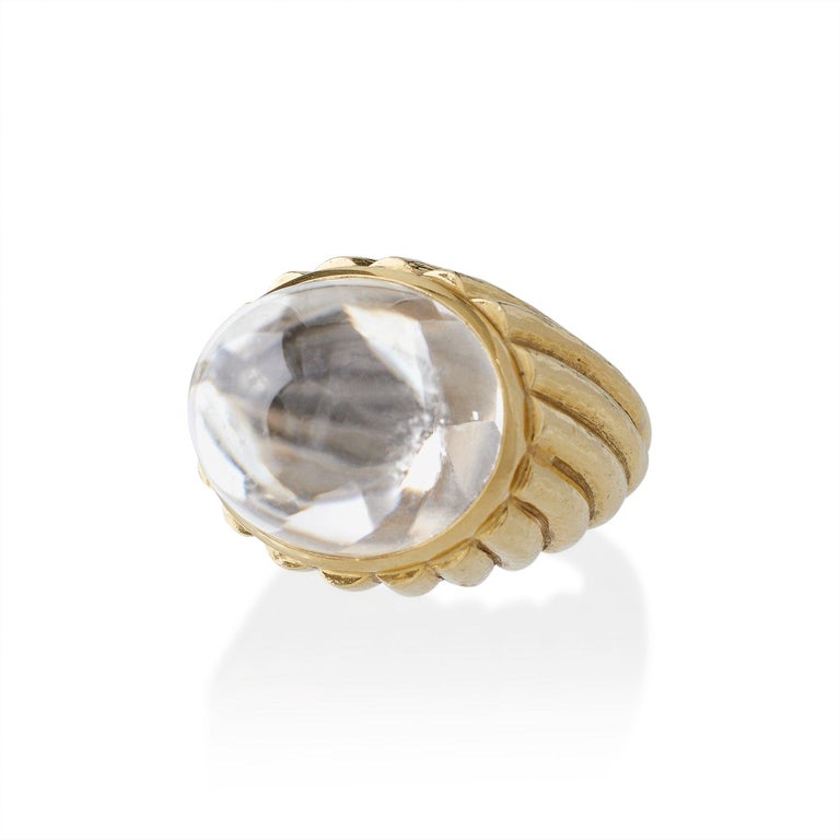 David Webb Rock Crystal and Hammered Gold Bombé Ring For Sale at 1stDibs