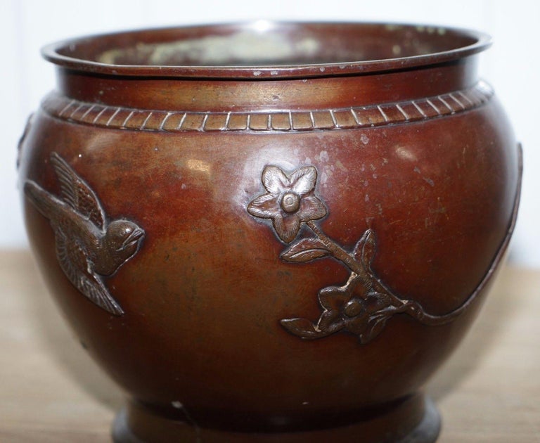 Very Large Solid Bronze Pot Depicting Birds and Flowers at 1stDibs