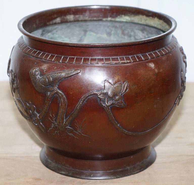 Very Large Solid Bronze Pot Depicting Birds and Flowers at 1stDibs