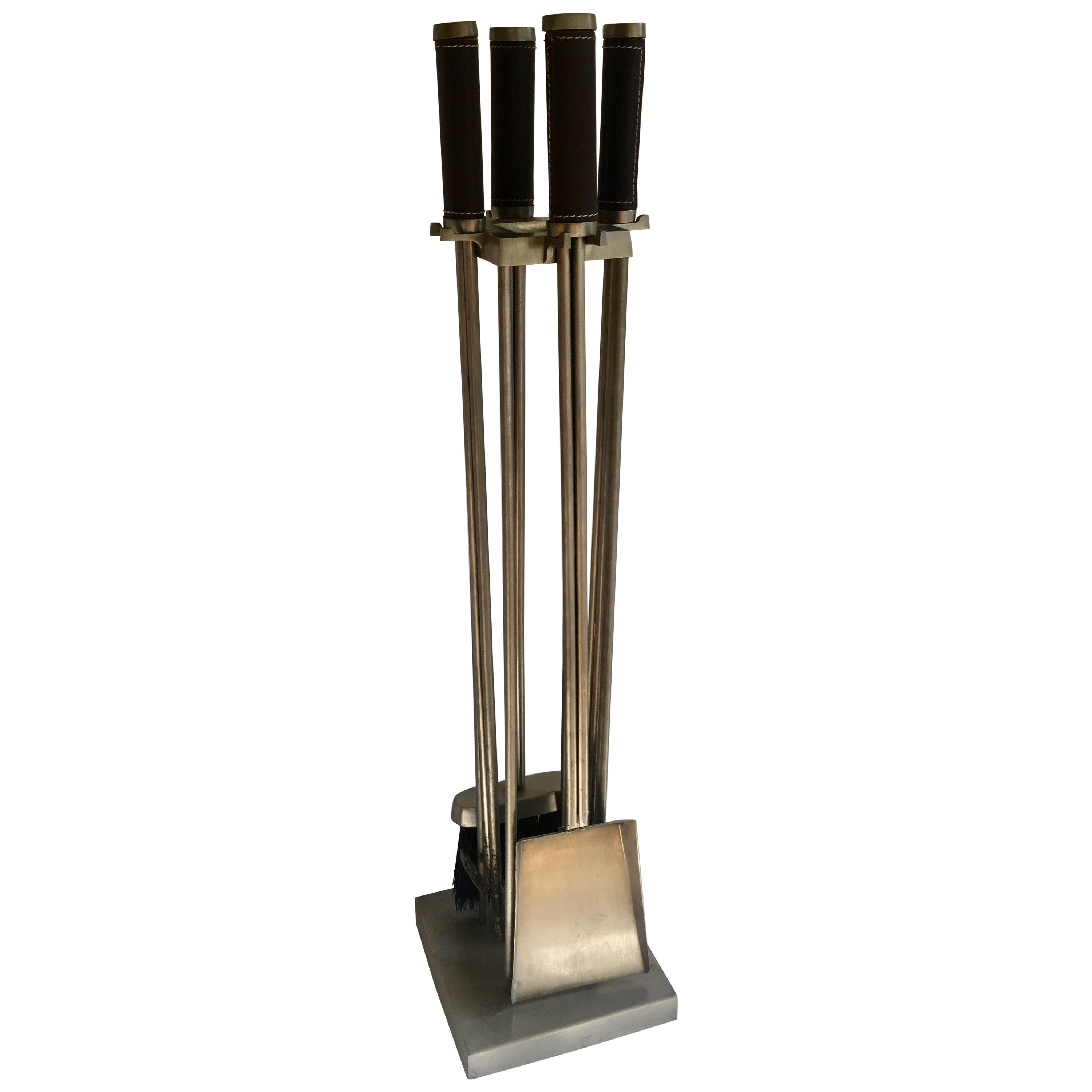 Five-Piece Brushed Aluminium and Leather Fireplace Tool Set on Stand at ...