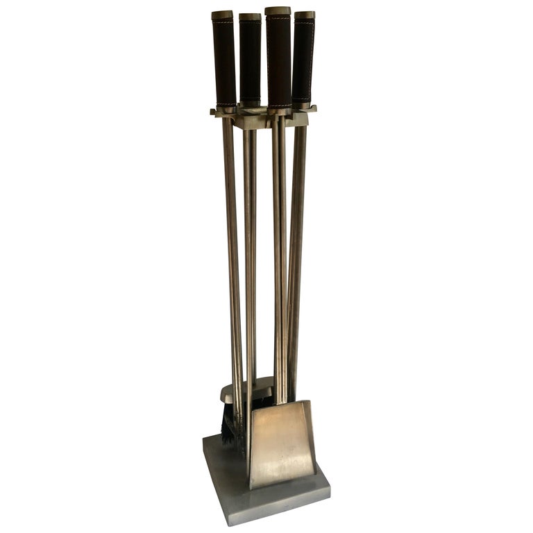 Five-Piece Brushed Aluminium and Leather Fireplace Tool Set on Stand at ...