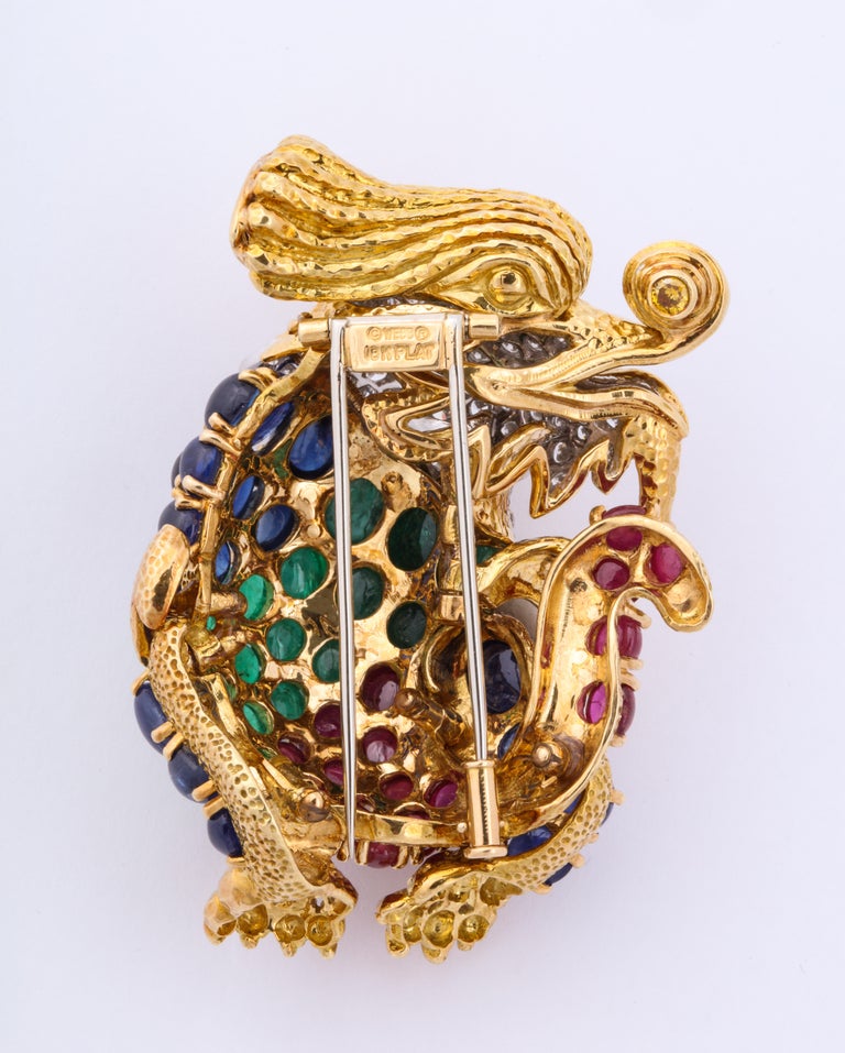 David Webb Ruby Emerald Sapphire Diamond Gold Dragon Pin at 1stDibs