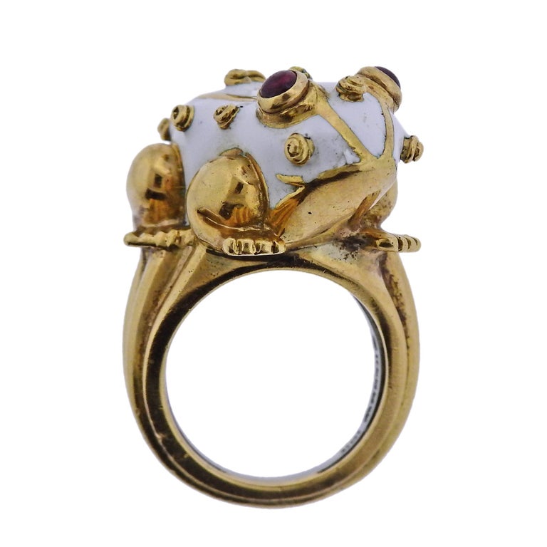 David Webb Ruby Enamel Gold Frog Ring at 1stDibs