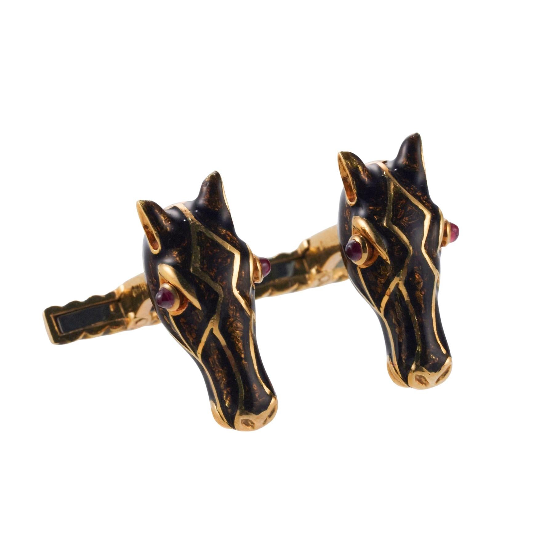 David Webb Ruby Enamel Gold Horse Head Cufflinks For Sale at 1stDibs