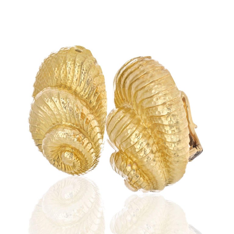 David Webb Shell Platinum and 18K Yellow Gold Hammered Finish Earrings ...
