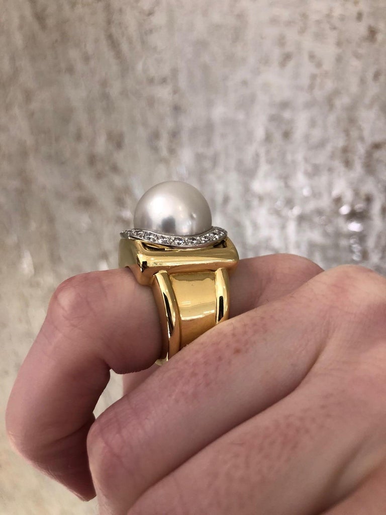 David Webb South Sea Pearl 18 Karat Yellow Gold and Diamond Halo Ring ...