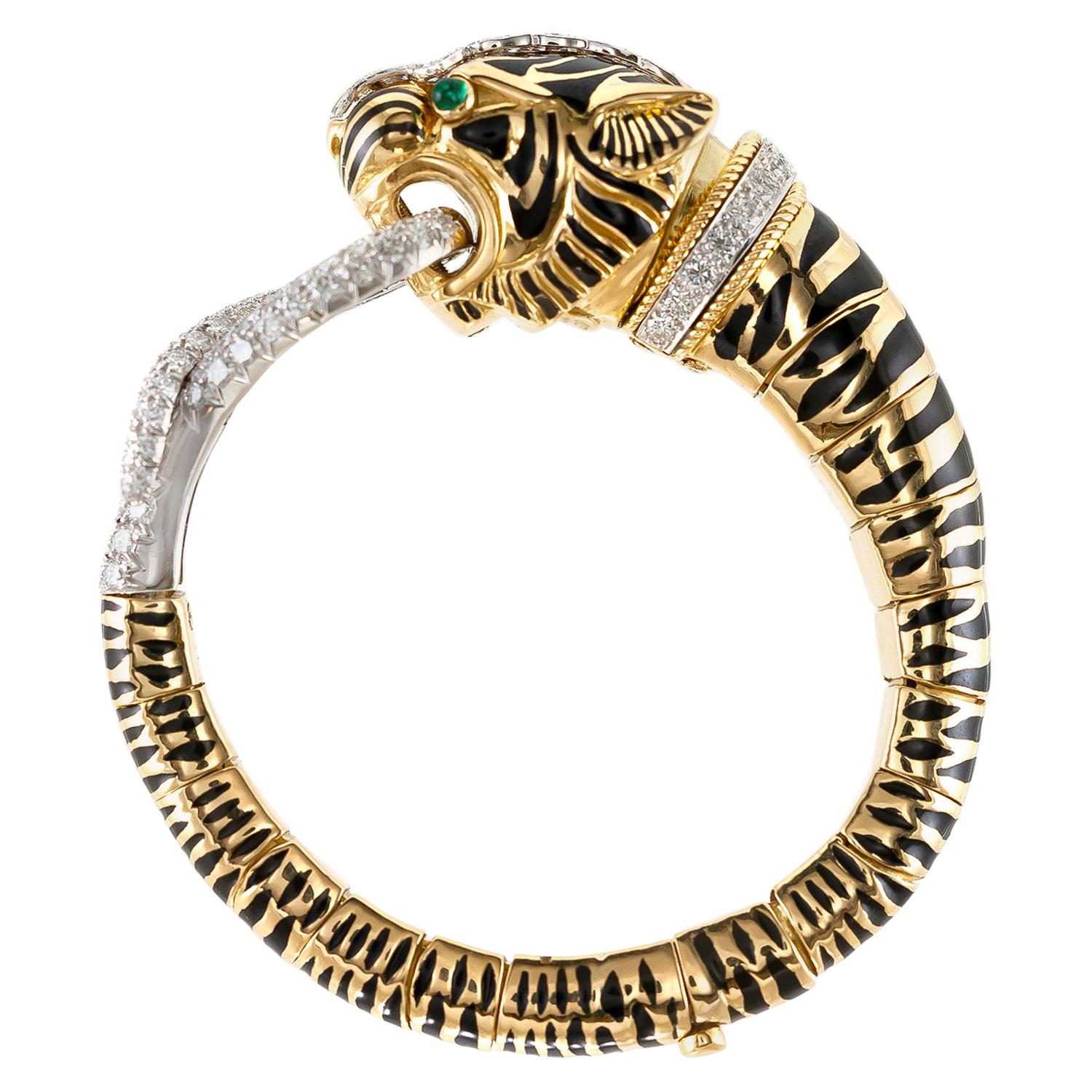 David Webb Gold, Diamond and Emerald Tiger Bangle Bracelet For Sale at ...