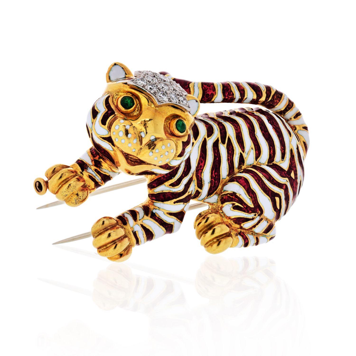 David Webb Tiger in Red, White Enamel, Diamonds Vintage Brooch For Sale ...