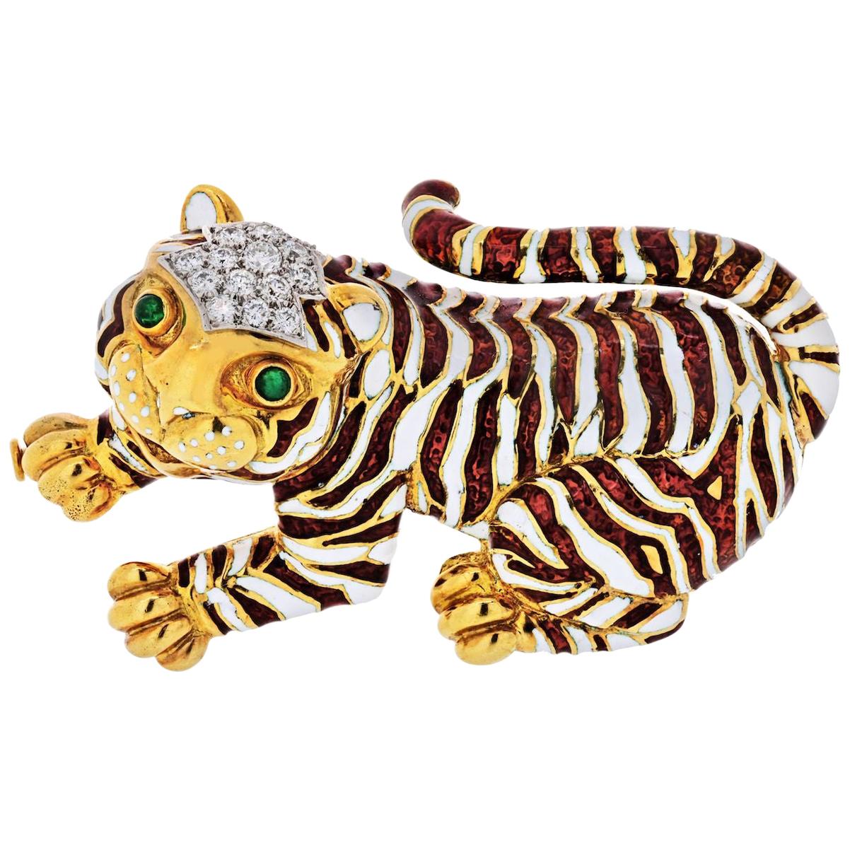 David Webb White Enamel Emerald Diamond Gold Platinum Crouching Tiger ...
