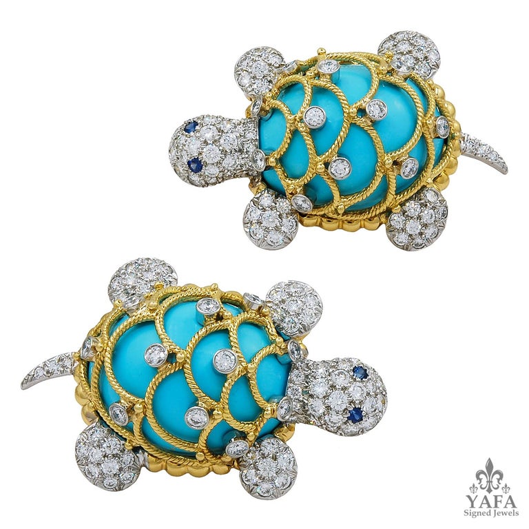 David Webb Vintage Turquoise Diamond Sapphire Turtle Earrings For Sale ...