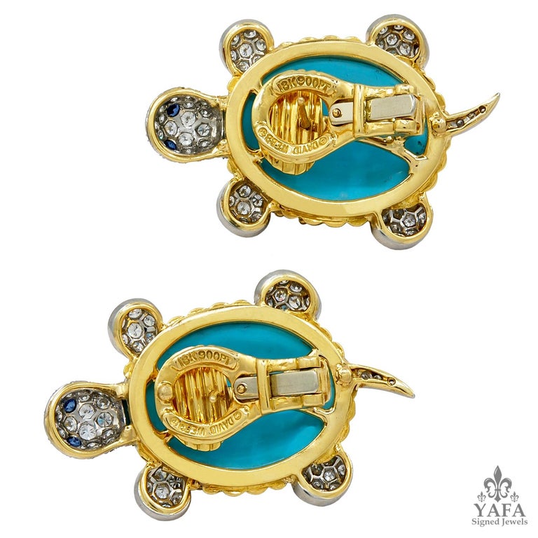 David Webb Vintage Turquoise Diamond Sapphire Turtle Earrings For Sale ...