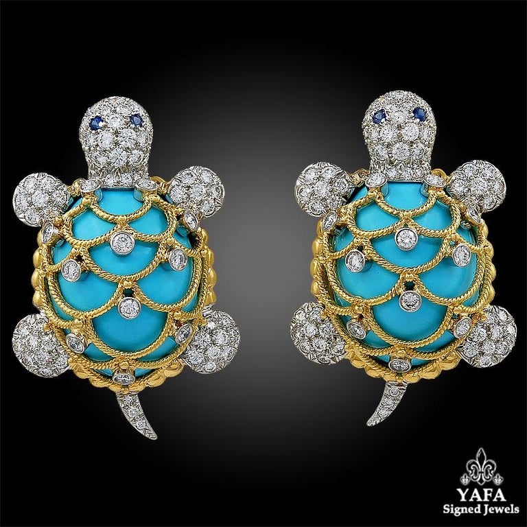 David Webb Vintage Turquoise Diamond Sapphire Turtle Earrings For Sale ...