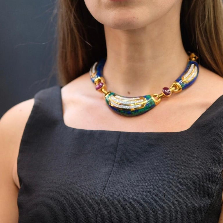 David Webb Vintage 18ky Gold, Platinum, Azurmalachite, Ruby and Diamond ...