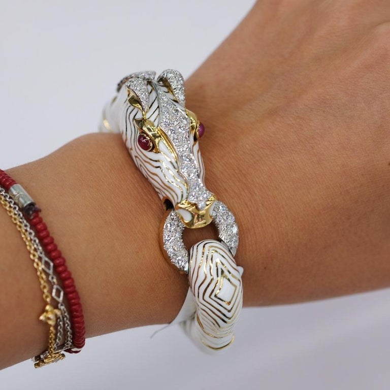 David Webb White Diamond Ruby Enamel Gold Platinum Zebra Bracelet For ...