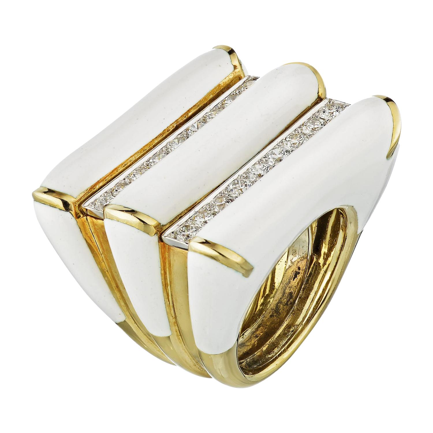 David Webb White Enamel 18 Karat Diamond Radiator Ring at 1stDibs