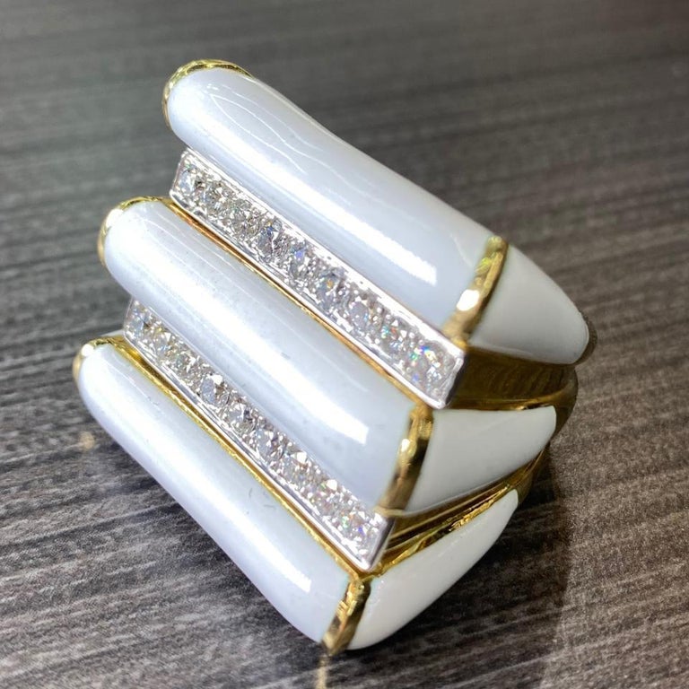 David Webb White Enamel 18 Karat Diamond Radiator Ring at 1stDibs
