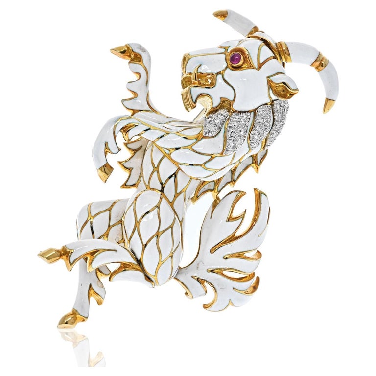 David Webb 18K Yellow Gold Diamond And Ruby White Enamel Goat Brooch ...