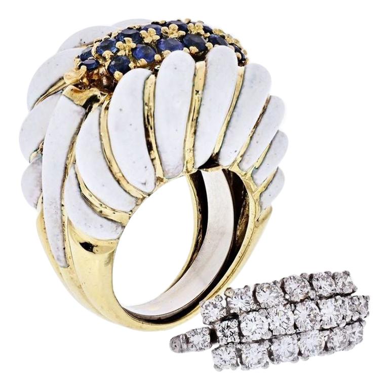 David Webb White Enamel Diamonds, Sapphires Interchangeable Insert Ring ...