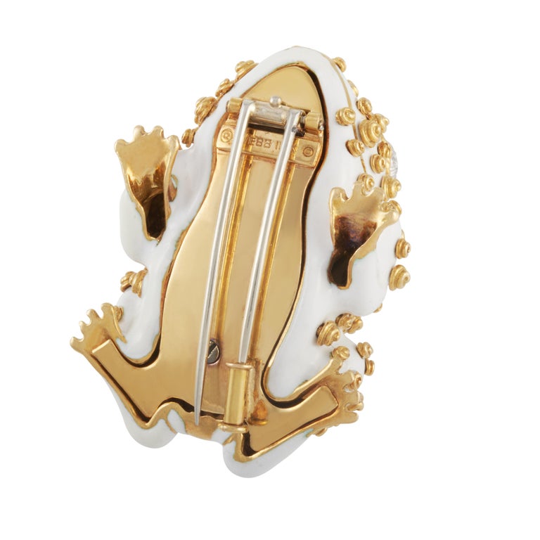 David Webb White Enamel Frog Brooch Set with Diamond Eyes in 18K Yellow ...