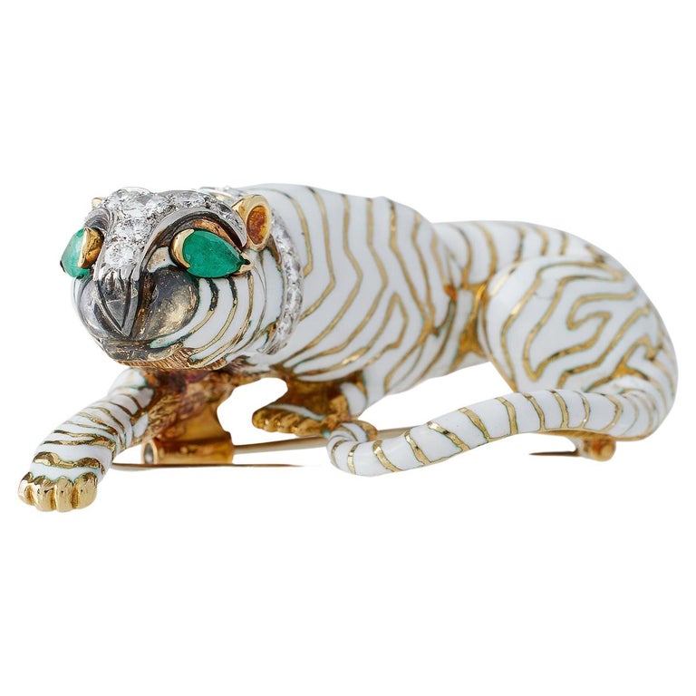 David Webb White Enamel Tiger Brooch For Sale at 1stDibs