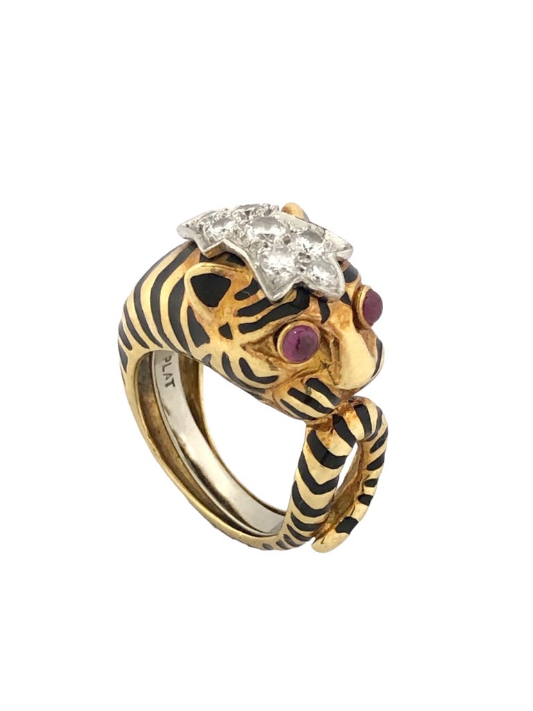 David Webb Yellow Gold and Platinum Gem set Tiger Ring For Sale at 1stDibs