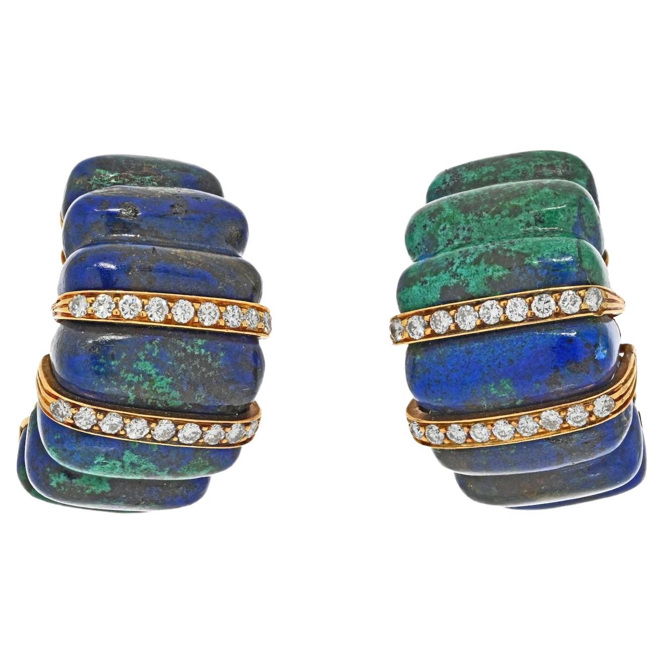 David Webb Yellow Gold Azurite Malachite Diamond Rigid Earrings For ...