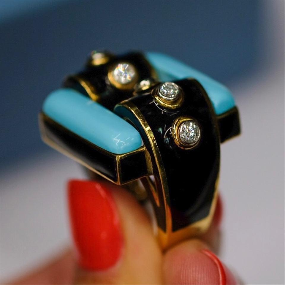 David Webb Yellow Gold Domino Turquoise Black Enamel Diamond Ring at ...
