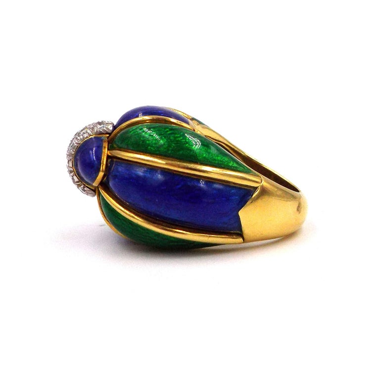 David Webb Yellow Gold Platinum Blue Green Enamel Diamond Dome Ring For ...