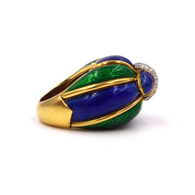 David Webb Yellow Gold Platinum Blue Green Enamel Diamond Dome Ring For ...