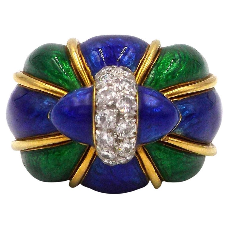 David Webb Yellow Gold Platinum Blue Green Enamel Diamond Dome Ring For ...