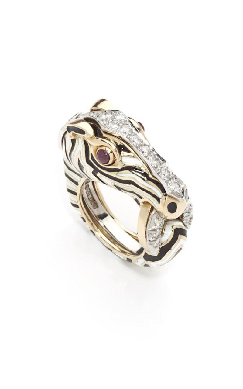 David Webb Yellow Gold Platinum Enamel Ruby and Diamond Zebra Ring at ...