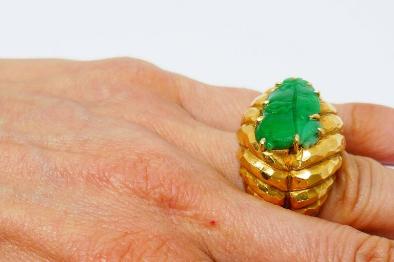 David Webb Yellow Hammered Gold Carved Jade Ring at 1stDibs