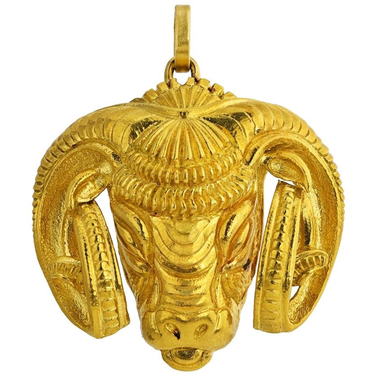 David Webb Zodiac Kingdom 18 Karat Yellow Gold Aries Ram Head Pendant ...