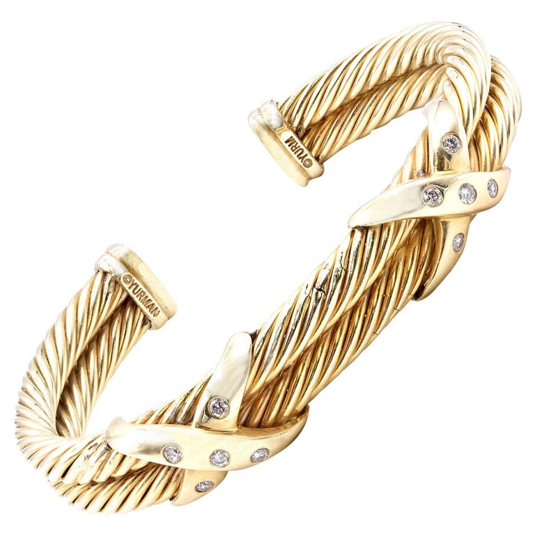 David Yurman 18 Karat Yellow Gold Diamond “X” Double Cable Cuff at 1stDibs