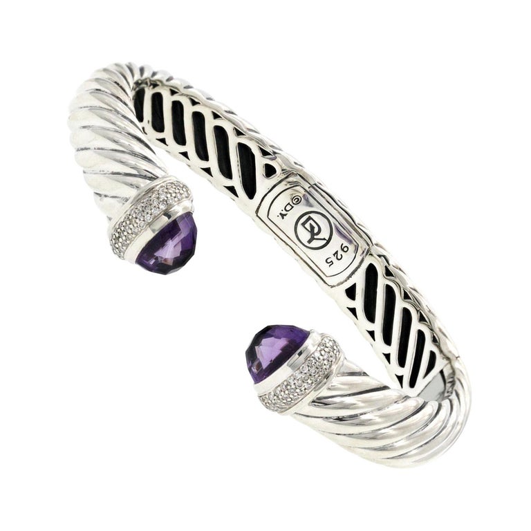 David Yurman 925 Silver Cable Amethyst Diamond Hinged Bangle For Sale ...